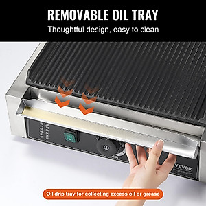 VEVOR Commercial Panini Grill, 1800W Electric Sandwich Panini Maker, Stainless Steel Sandwich Press, Panini Grill with Temp Control & 14"x9" Full Grooved Enamel Plate, for Hamburger Steak Bacon