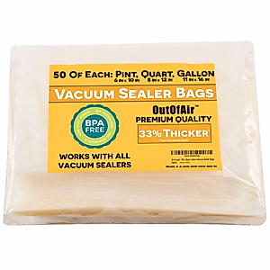 150 Vacuum Sealer Bags: 50 Pint (6" x 10"), 50 Quart (8" x 12"), 50 Gallon (11" x 16") by OutOfAir - Works with FoodSaver & Other Savers. 33% Thicker, BPA Free, Great for Sous Vide