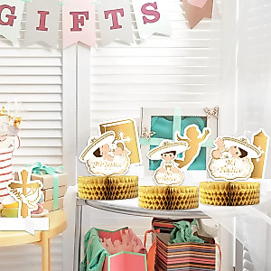 Mi Bautizo Decorations-First Communion Honeycomb Centerpieces Double Sided Table Toppers for Boy Baptism Party Decor Christening 3D Table Toppers God Bless First Communion