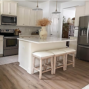 Erste!Bravo White Solid Wood Bar Stools Set of 2 for Kitchen Counter Counter Height Coastal Barstools with Faux Leather Farmhouse Upholstered Stools for 34"-38" Island, Creamy White Cushion, Wood Legs