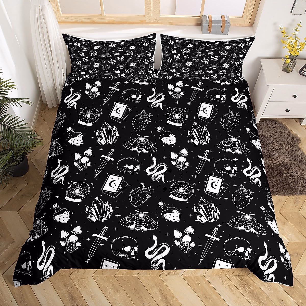 Gothic Skull Bedding Set King Size for Woman Men,Skull Skeleton Hippie Mushroom Plant Comforter Cover with 2 Pillowcases,Moth Stars Shiny Galaxy Halloween Duvet Cover Set Microfiber Quilt Cover