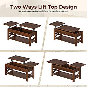 Rolanstar Coffee Table 47.2", 2 Way Lift Top Coffee Table with Hidden Compartment, Lift Top Coffee Table with Open Shelf & X Wooden Support, Farmhouse Center Table for Living Room, Espresso
