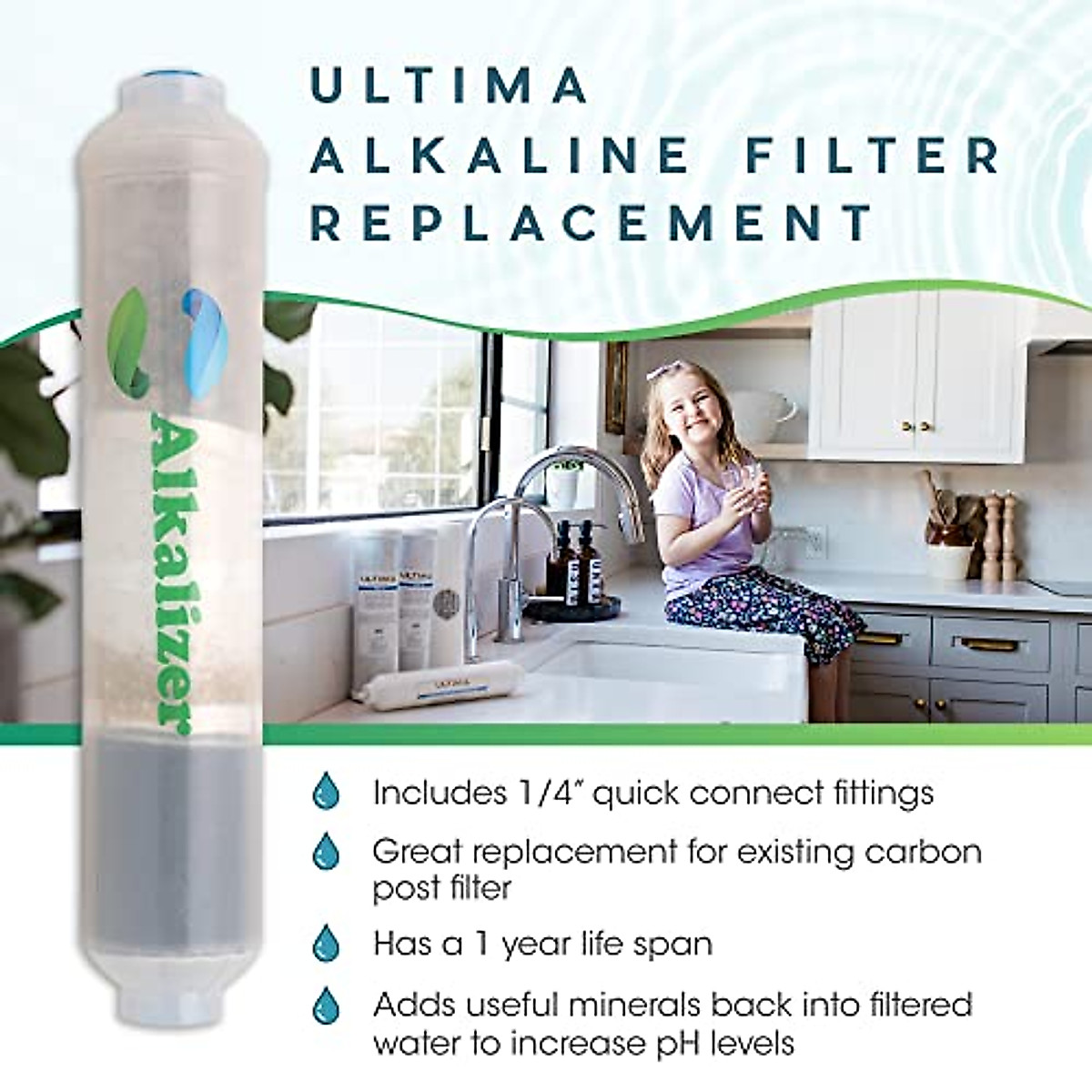 Better Home Water Treatment 10-Inch Ultima Alkalizer, Universal Alkaline Post Filter Replacement for Reverse Osmosis RO Under Sink Water Filter System, Alkaline Water Ionizer to Increase Water pH
