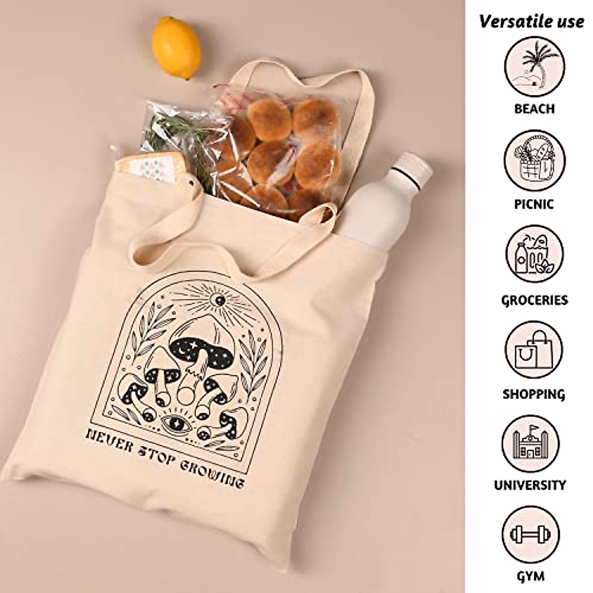 Folkulture Canvas Tote Bag with Zipper for Women | 16" x 15", 100% Cotton Reusable Grocery Bag with Pocket, Tote Bag Aesthetic for Men & Teens | Tote Bags for Work Travel Shopping (Never Stop Growing)