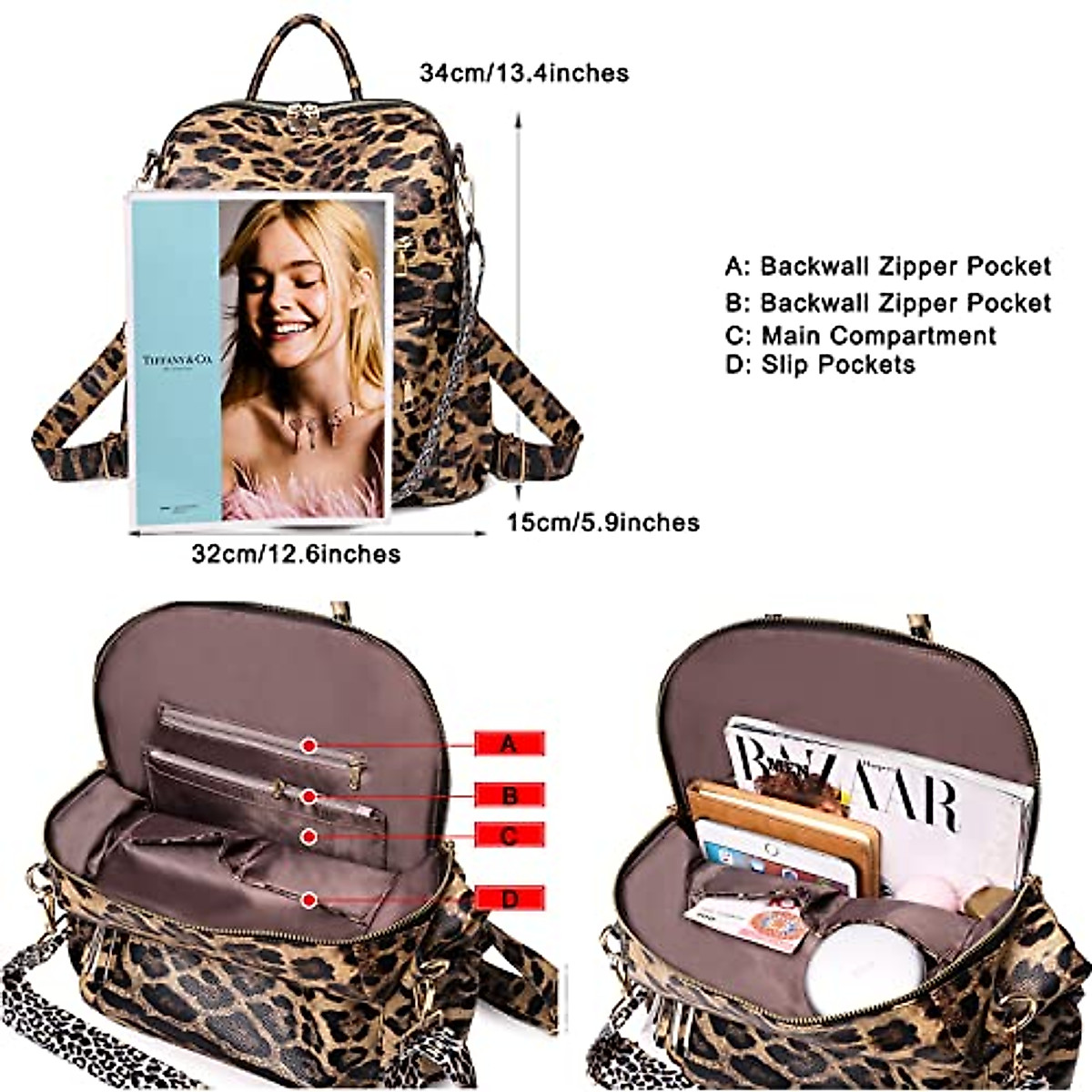 Backpack Purse for Women with Wide Leopard Shoulder Strap Convertible Women Fashion Daypack, Brown