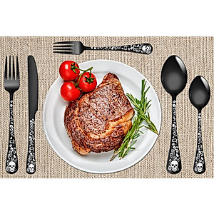 XIAOYU 20-Piece Bizarre Flatware Set, Gothic Skull Silverware Set for 4, Skeleton Flower Unique Pattern Design, Knives/Forks/Spoons Cutlery Set Halloween Event Tableware Utensils, Black