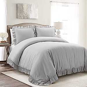Lush Decor Reyna 3-Piece Ruffled Cotton Duvet Cover Bedding Set, Full/Queen, Light Gray