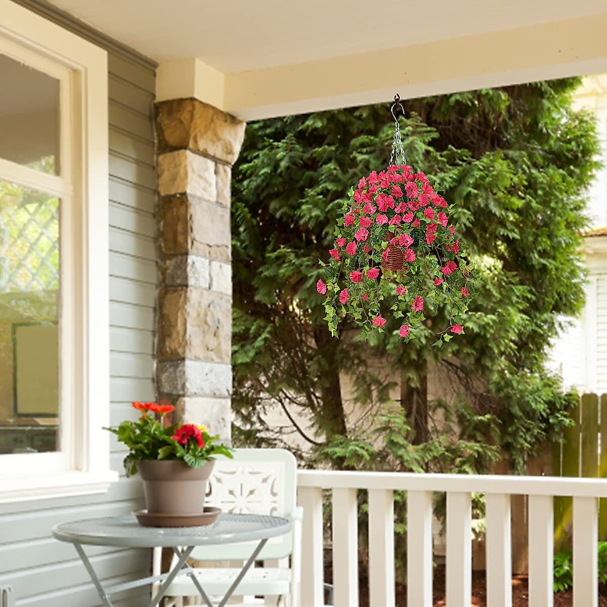 Hanging Basket with Artificial Vine Fake Silk Flowers Plants for Outdoor Indoor, Coconut Lining Basket for Patio Lawn Garden Porch Home Spring Decor (Red)