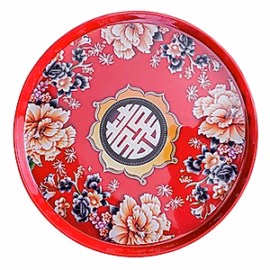 Operitacx Chinese Wedding Red Plastic Plate: Vintage Tea Serving Tray Snack Fruit Platter Dessert Plate Candy Bowl Appetizer Dish for Bridal Shower Party Decorations ( Round )