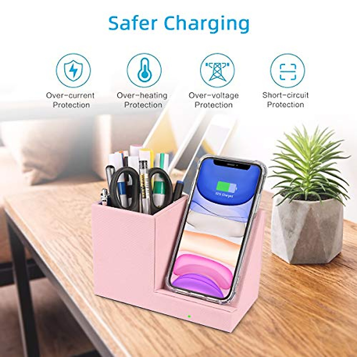 15W Pink Wireless Charger,Fast Wireless Charger Desk Stand,Qi Certified Charging Dock with Pen Holder Storage for iPhone 12/11/Xs MAX/XR/XS/X/8, Samsung S10/S9/S9+/S8/S8+/Note 10（No AC Adapter）
