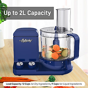 NutriChef Food Processor 2 Liter Capacity - Multipurpose & Ultra Quiet Motor - Includes 6 Attachment Blades & Silicone Feet to Prevent Slippage - 12 Cup Capacity - Pre-Set Speed For Easy Use - Blue