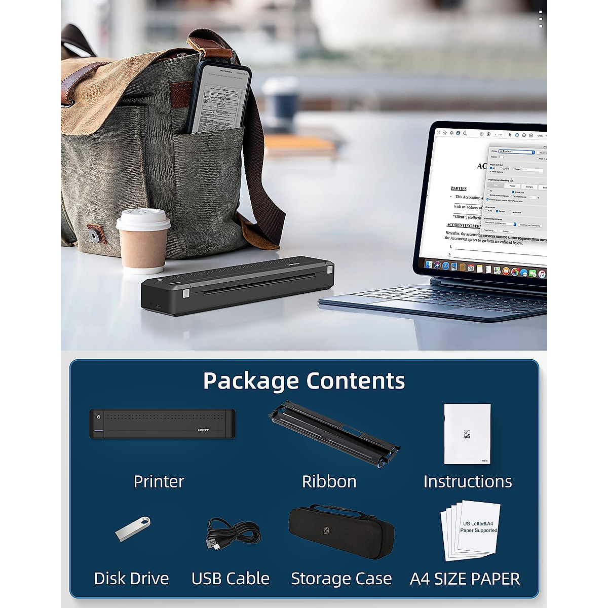 HPRT Portable Printer Wireless Bluetooth Thermal Transfer Mobile Printer Inkless Phone Compatible with Android and iOS, Laptop for Travel 8.5" X 11" US Letter&A4 Paper (USB Driver Included)