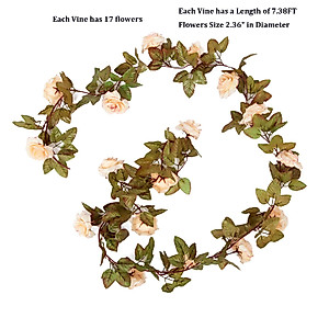 Pauwer 6PCS(44.3FT) Artificial Rose Vine Silk Flower Garland Hanging Fake Roses Flowers Plants for Home Garden Office Hotel Wedding Party Decor, Champagne