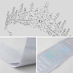 SWEETV Birthday Crowns for Women Silver Birthday Queen Sash and Tiara Set Rhinestone Princess Headband for Birthday Party Photograph