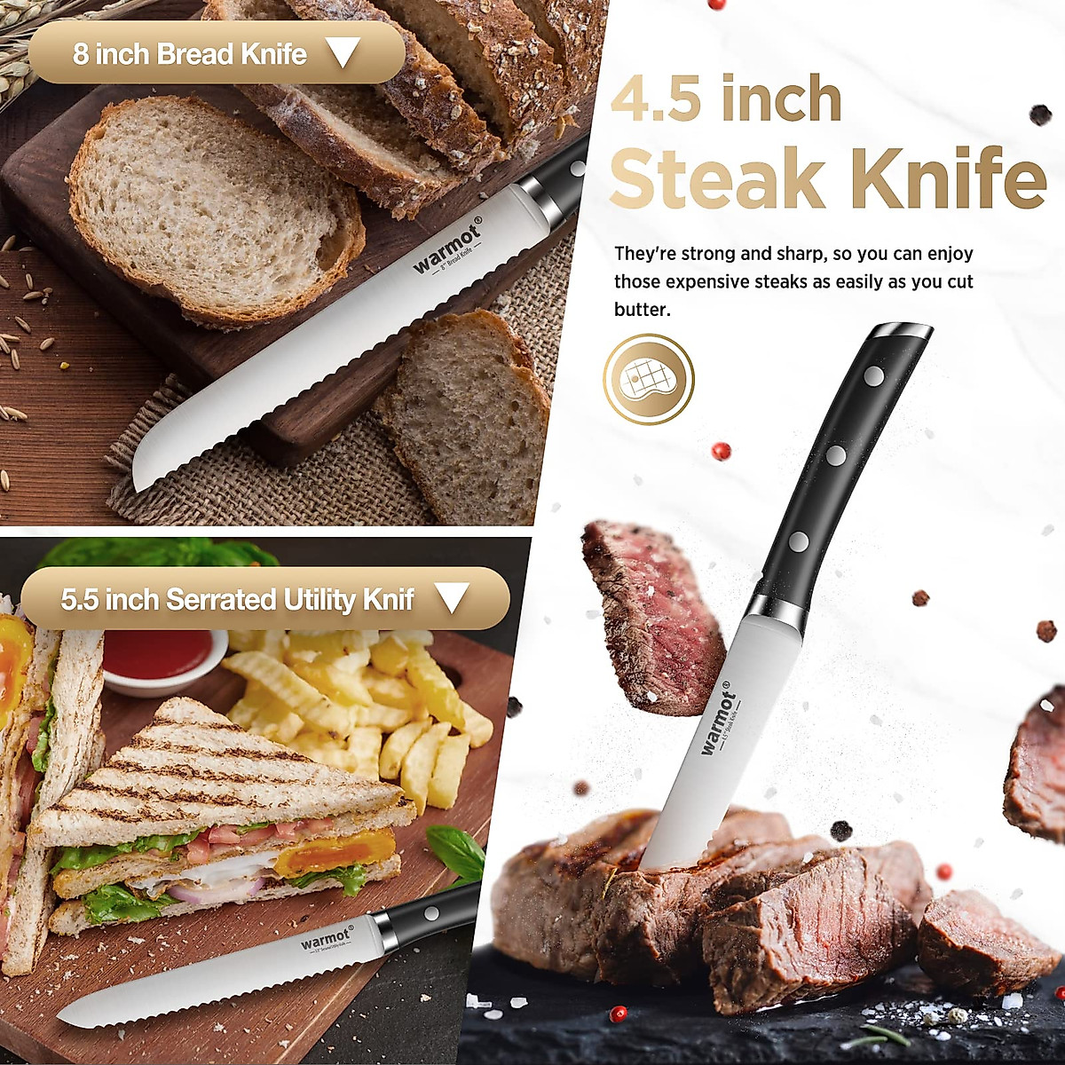 Kitchen Knife Set with Block, Warmot 15 Pcs Ultra Sharp Chef Knife Set Full Tang Knife Set with Knife Sharpener, High Carbon Stainless Steel Knife Block Set Triple Riveted Handle