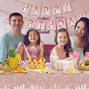 Roshtia 171 Pcs Pink Rose Gold Birthday Party Supplies Pink Birthday Tableware Set Rose Gold Party Plates and Napkin Tablecloths with Banner and Forks Knives Spoons Serve 24 Guest