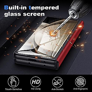 spoovcto for Samsung Galaxy Z-Fold-5 Case: Genuine Leather Phone Case with Full Hinge Protection & Kickstand & Screen Protector for Samsung Z Fold 5 5G 2023 (Red)