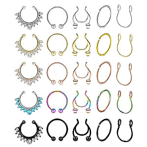 YOVORO 25Pcs Stainless Steel Fake Nose Ring Hoop for Men Women Faux Lip Ear Septum Ring Non-Pierced Body Jewelry XK