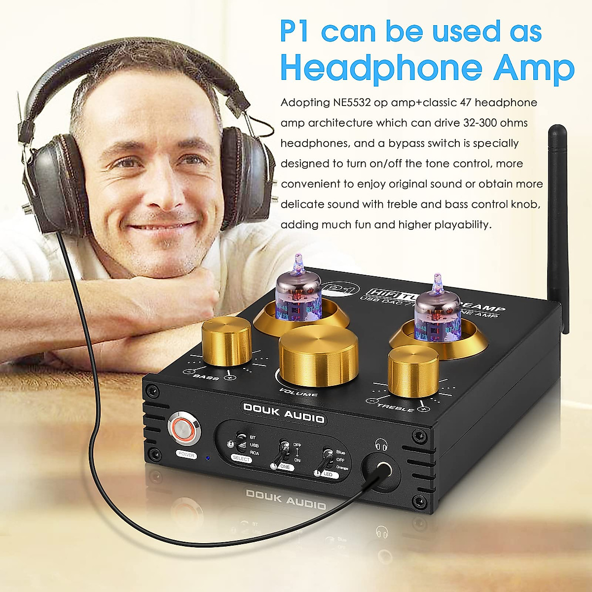 Douk Audio P1 Vacuum Tube Bluetooth Preamplifier, GE5654 Audio Preamp, Hi-Fi Headphone Amp, Stereo Wireless Receiver with USB DAC & APTX-HD for Home Theater Amplifier/Active Speaker