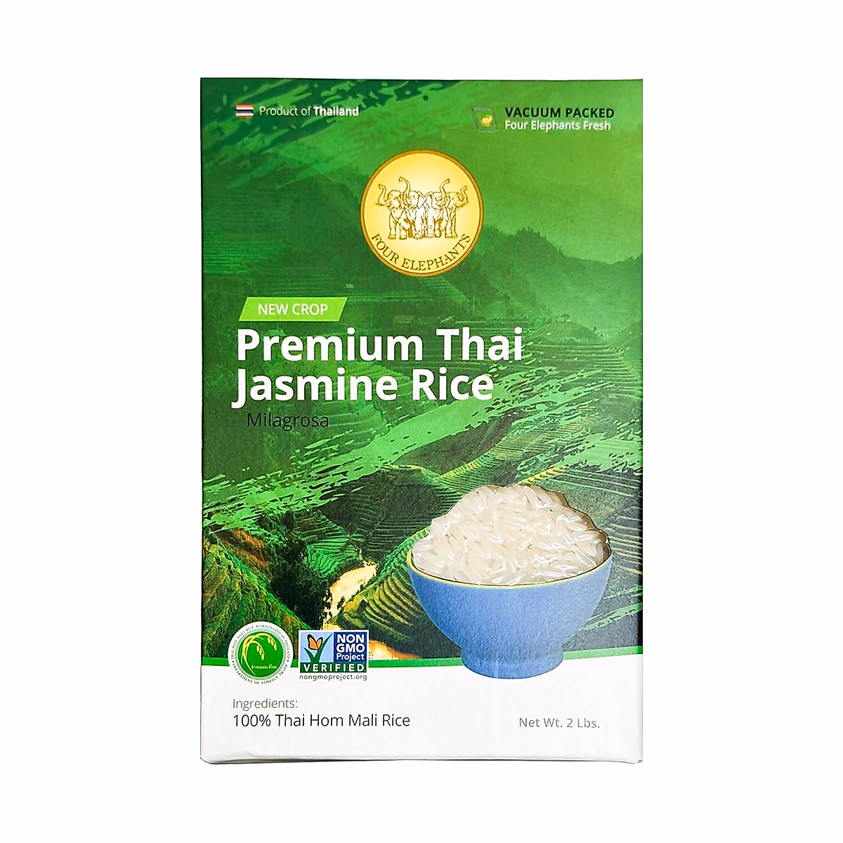 2 Pounds (LBS) Premium Thai Hom Mali Jasmine Rice | Endorsed By Pro Chefs | Four Elephants Brand | DIY Friendly Cooking Instructions Packaging