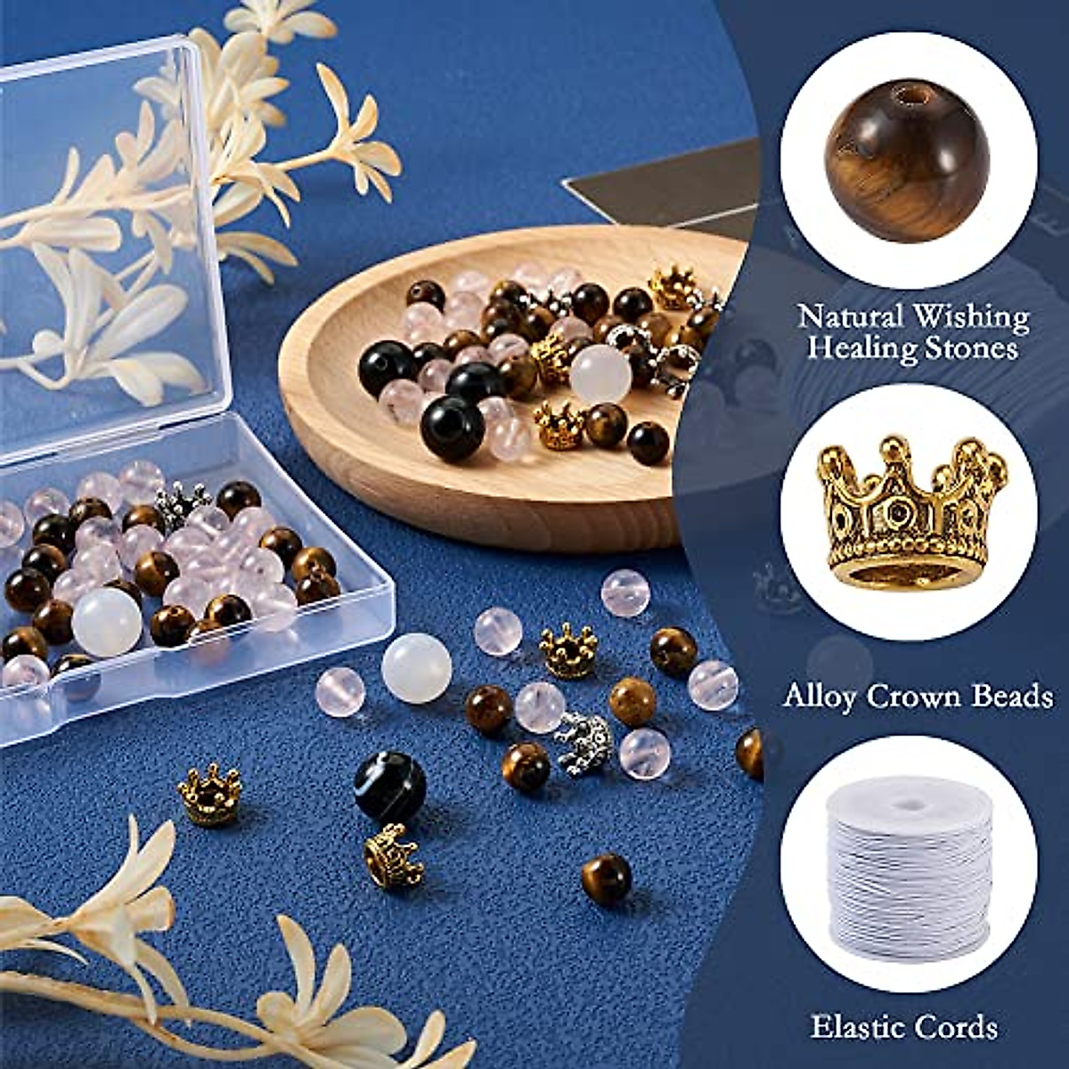 PandaHall 124Pcs Gemstone Bracelet Making Kit 8mm Natural Stone Gemstone Bead Crown Bead Tiger Eye Rose Quartz Gemstone Loose Bead & Elastic Cord for Bracelet Jewelry Making