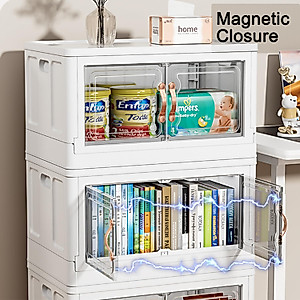 Karramlili Stackable Storage Bins With Lids and Doors 4Pack, 20Gal Collapsible Plastic Closet Organizers and Storage, Large Size Folding Storage Box Containers With Wheels for Home Kitchen Office