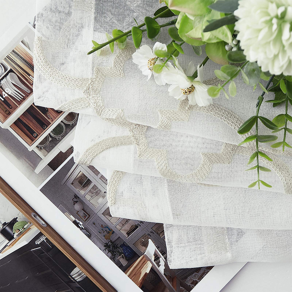 Urban Lotus Moroccan Semi Sheer Curtains 52 x 95 Inch Long Elegant Beige Geometric Lattice Embroidered Curtains for Bedroom Living Room White Linen Textured Sheer Window Draperies, Rod Pocket, 1 Pair