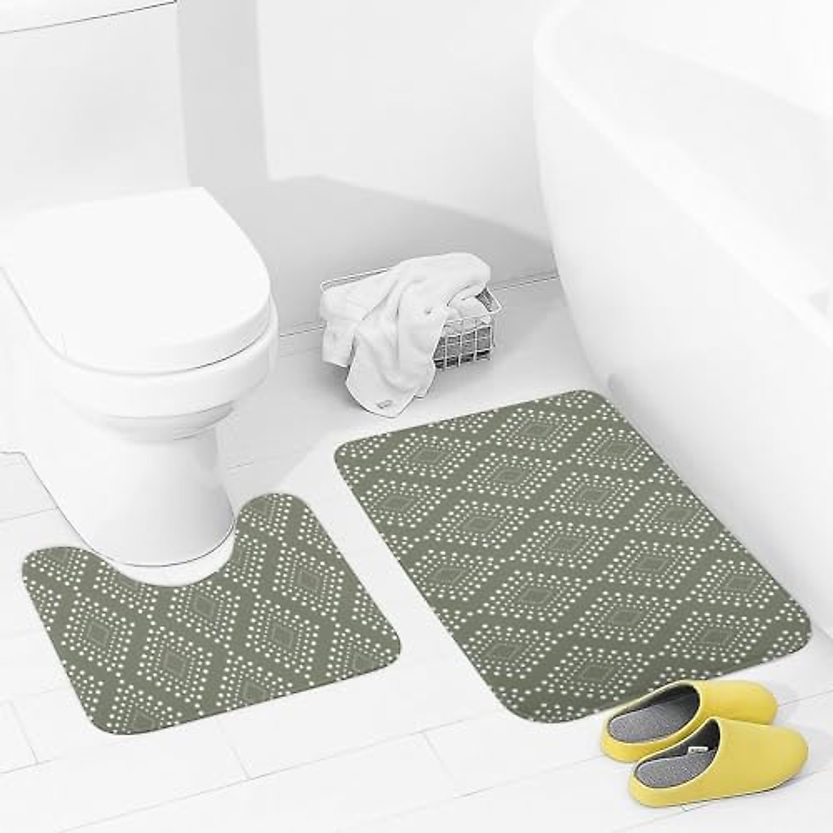 Bathroom Rug Set 2 Piece Decorative Diamonds Boho Sage Green Bath Rugs and U-Shaped Contour Toilet Rug, Non-Slip Bath Carpet Bath Mats for Bathroom 15.7"x23.6"