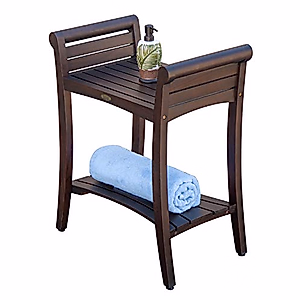 DecoTeak Symmetry Teak Shower Bench 24" Long Extended Height Wood Shower Stool with Shelf and LiftAide Arms Shower Bench in Woodland Brown Finish