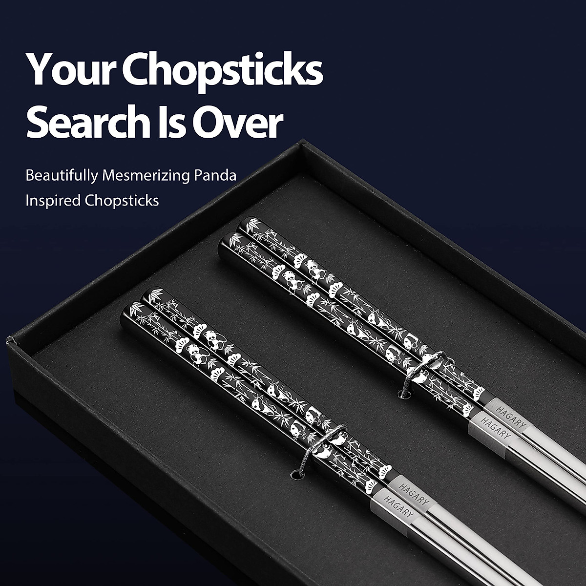 Hagary Panda Black Chopsticks Metal Chopsticks Reusable Designed In Korea Japanese Style Stainless Steel 316 18/10 Non-Slip Dishwasher Safe (Black - 2 Pairs)