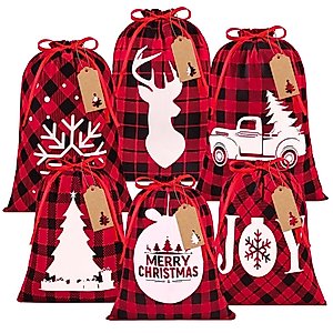 Aneco 6 Packs Christmas Buffalo Plaid Drawstring Bags Red and Black Plaid Gift Bag Cotton Xmas Buffalo Plaid Present Bags with 24 Tags Rope for Christmas Gift Wrapping, Assorted Sizes