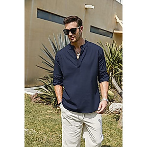 COOFANDY Mens Cotton Linen Henley Hippie Casual Beach T Shirt, Navy Blue, X-Large, Long Sleeve