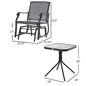 Outsunny 3 Pcs Outdoor Gliders Set Bistro Set with Glass Top Table for Patio, Garden, Backyard, Lawn, Grey