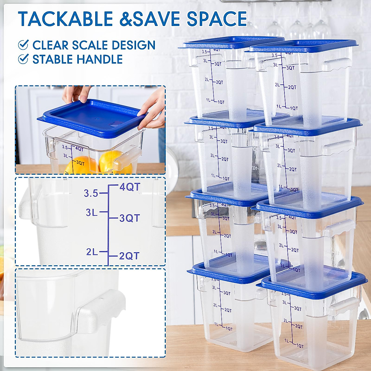 Lallisa 8 Pack 4 Qt Clear Food Storage Container with Handles and Lid Commercial Grade Square Food Storage Containers with Lids Polycarbonate Storage Container for Home Kitchen Restaurant