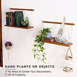 HELYA DESIGN Hanging Bookshelf for Wall Set of 2 | Stunning Solid Pine Hanging Book Shelves for Wall. 40LB Max | Macrame Rope Floating Bookshelves for Nautical Decor | Varnished Hanging Book Shelf