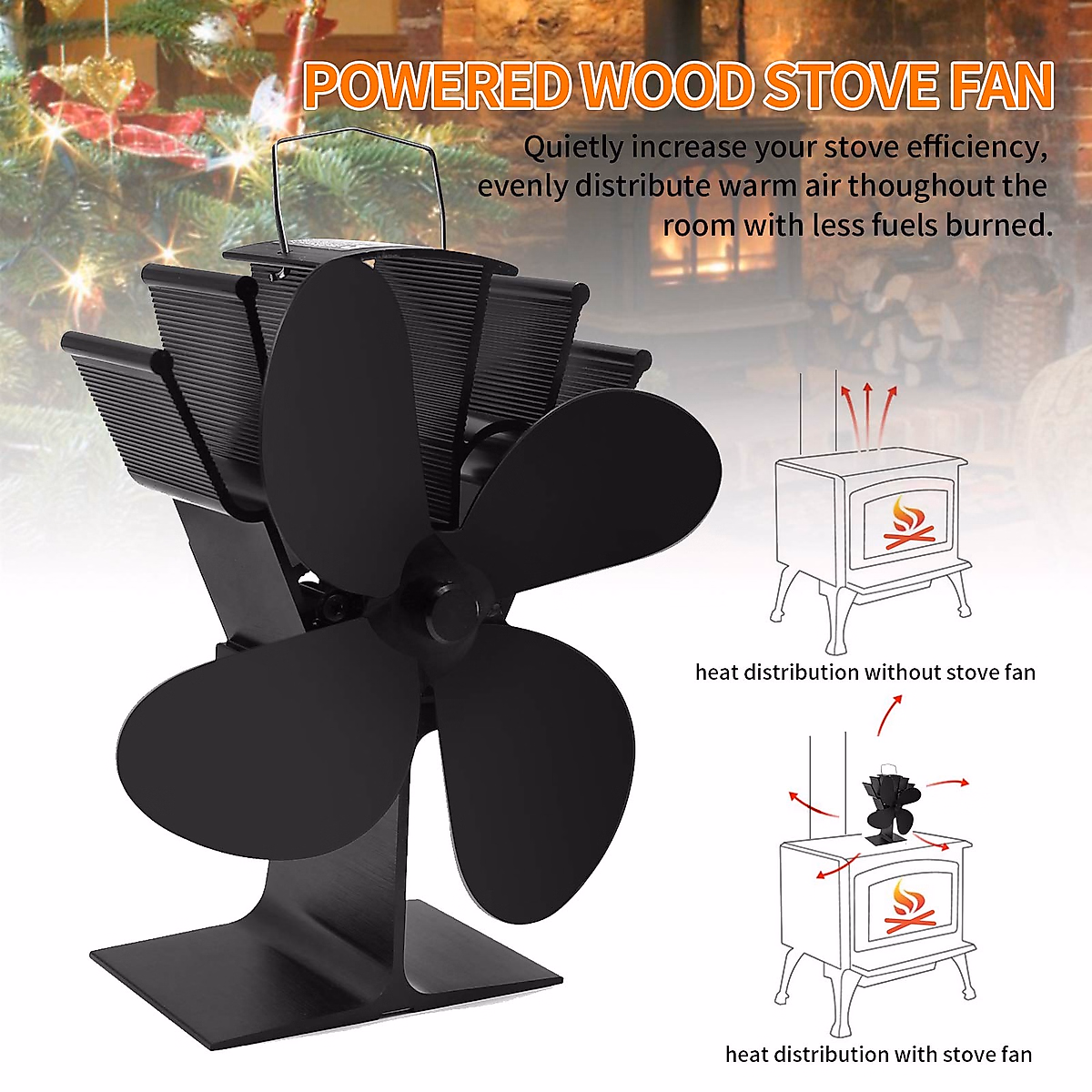 Anxingo Fireplace Fan 4-Blade Heat Powered Stove Fan Wood Burning Stove Fan for Wood Log Burner Fireplace Increases Warm Air