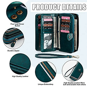 GSG Womens Wallet - ID Credit Card Holder for Women, Long Wristlet Leather Zipper Wallet with RFID Blocking, Teal Ladies Wallet with Large Capacity