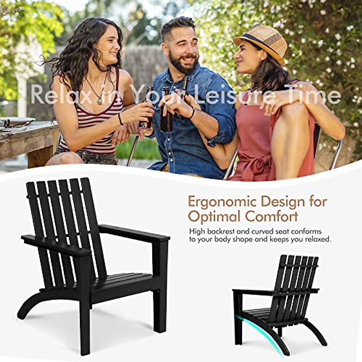 Tangkula Adirondack Chair Acacia Wood Outdoor Armchairs, Weather Resistant for Patio Garden Backyard Deck Fire Pit, Lawn Porch Furniture & Lawn Seating, Campfire Chairs, Adirondack Lounger (2, Black)