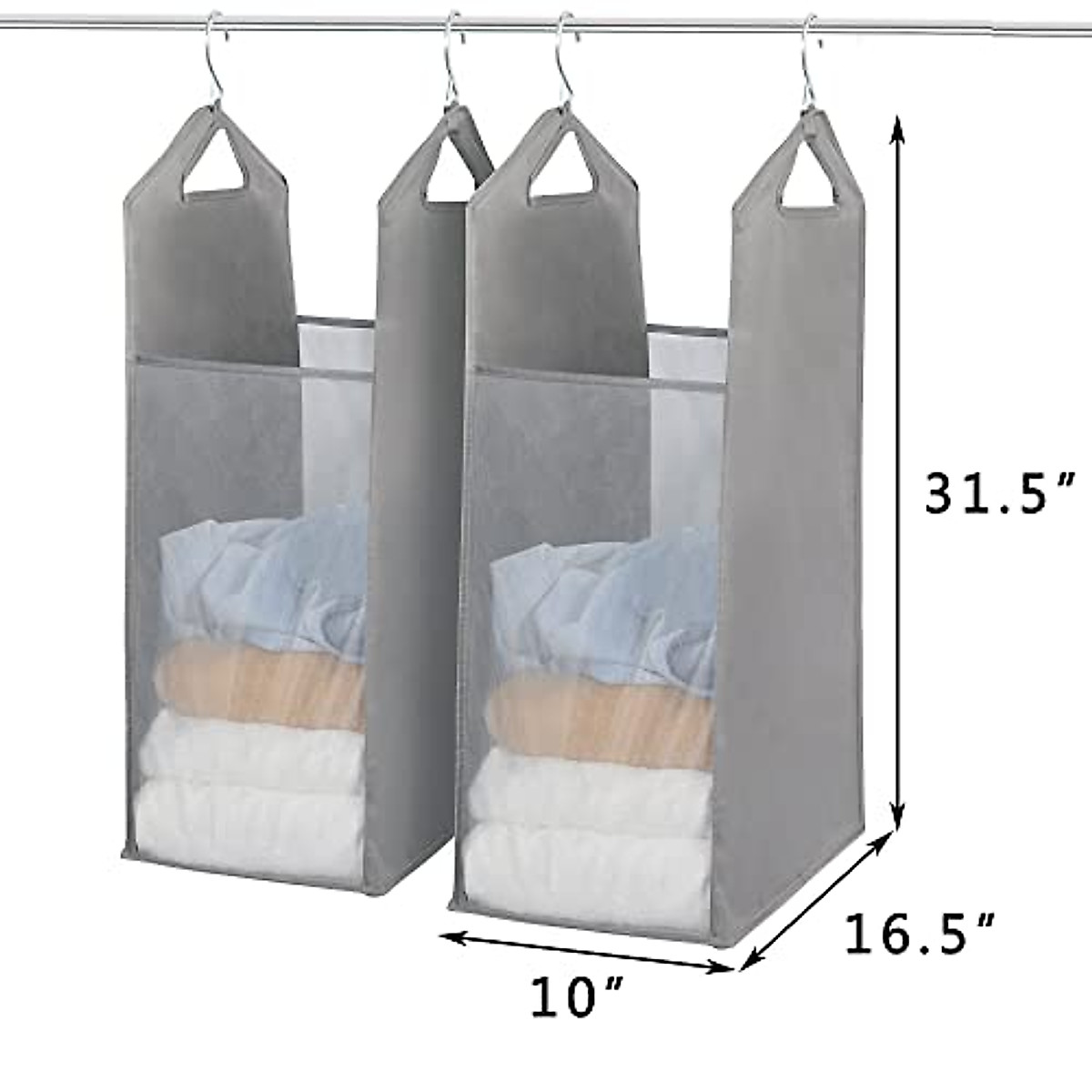 STORAGE MANIAC 2-Pack Hanging Laundry Hamper, Front See-Through Mesh Bag, Slim Basket, Double Hanging Closet Hamper, Narrow Organizer, Grey