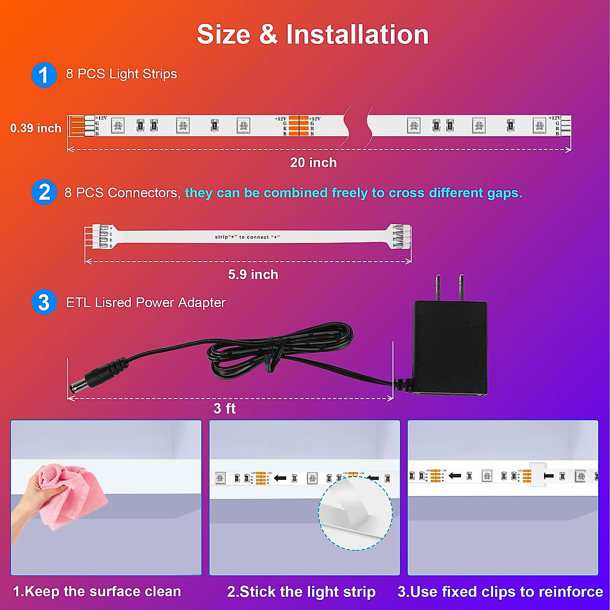 maylit 8 PCS RGB Under Cabinet Lighting Kit, App and Remote Control Led Strip Lights, Music Sync Color Changing Led Lights with ETL Listed Power Adapter, for Cabinet, Counter, Shelf, Bookcase, 13ft