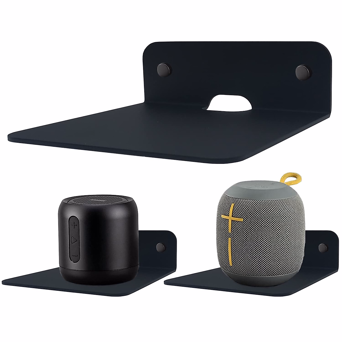 WISDING Small Floating Shelves, 4.25'' Wall Metal Speaker Mount Shelves for Bluetooth Speaker, Webcam, Cell Phones, Mesh Router, Toy Display Shelf Speakers Shelf, 2 Pack, Black, JSZWJ001