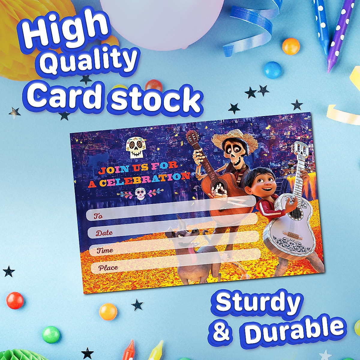 Set of 20 Coco -Themed Happy Birthday Invitation Cards & Envelopes - Lightweight (240g), Postcard Style Invites for the Perfect Party Pack