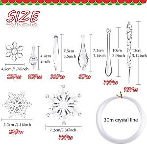 FEPITO 85 PCS Christmas Decoration Acrylic Snowflake Icicles Christmas Tree Icicle Snowflake with Crystal Line Ornaments Set for Christmas Party Decorations