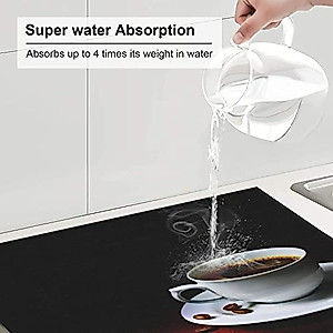 Hot Coffee with Coffee Bean Printed Drying Mat For Kitchen Ultra Absorbent Microfiber Dishes Drainer Mats Non-Slip Silicone Quick Dry Pad - 18 X 16inch