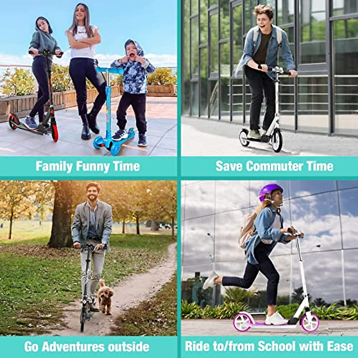 BELEEV V5 Scooters for Kids 6 Years and up, Folding Kick Scooter 2 Wheel for Adults Teens, 4 Adjustable Handlebar, 200mm Big Wheels, Lightweight Sports Commuter Scooter, up to 220lbs(Auqa)