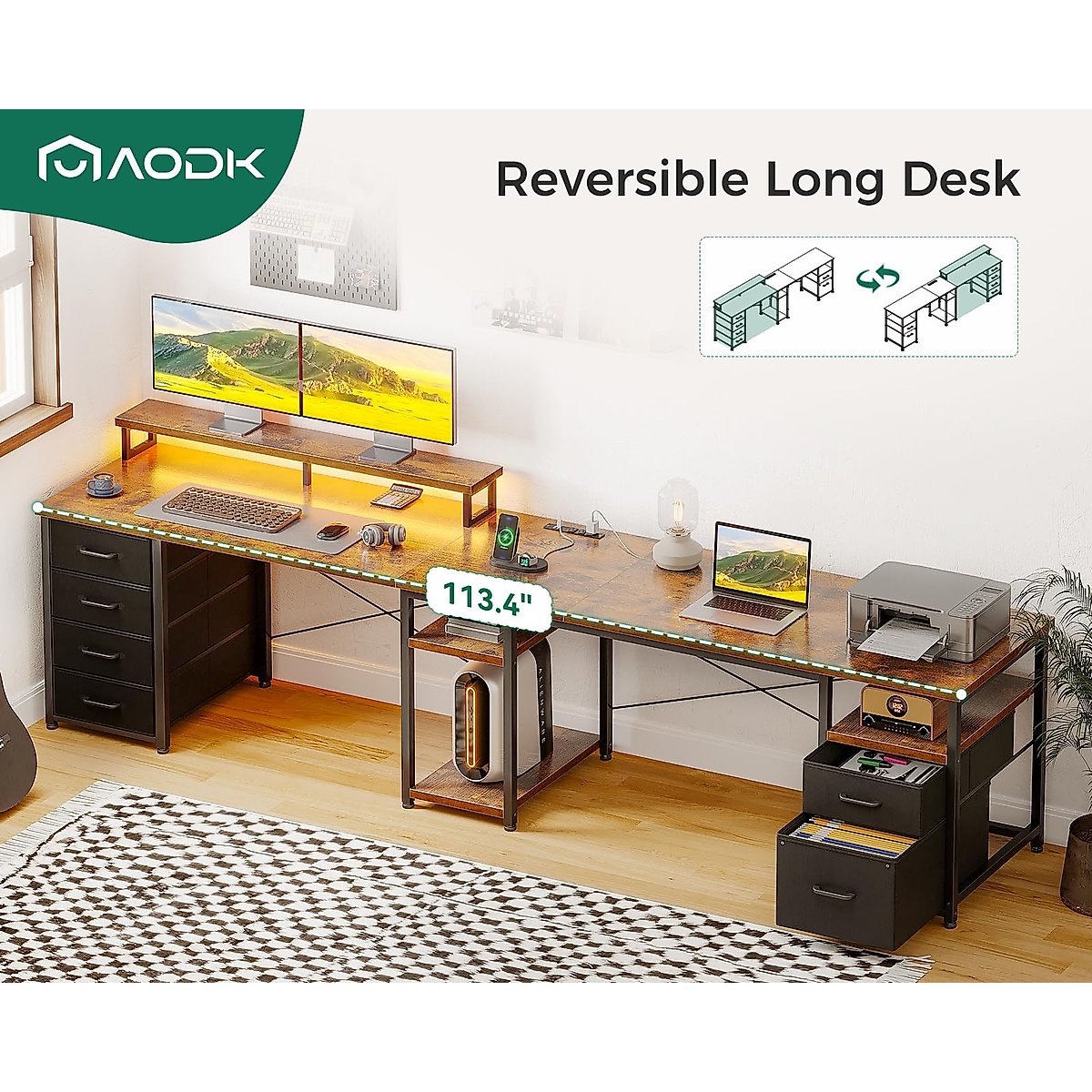 AODK 66" L Shaped Computer Desk, 113“ Reversible Home Office Desk with File Cabinet & 4 Fabric Drawers, Two Person Desk with LED Lights & Power Outlet, Corner Gaming Desk with Monitor Shelf, Vintage