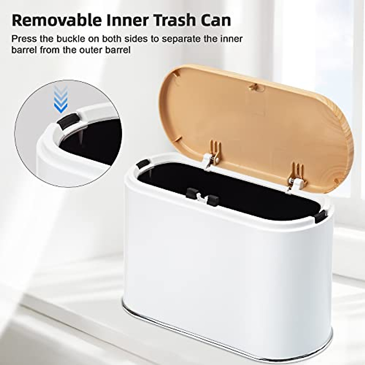 SYNCVIBE Mini Trash Can with lid Small Countertop Trash Can with Wood Grain Lid, 0.5 Gallon Tiny Desktop Wastebasket with Lid, 2 Liter Pop Up Plastic Trash Bin for Bathroom, Bedside, Study, Office