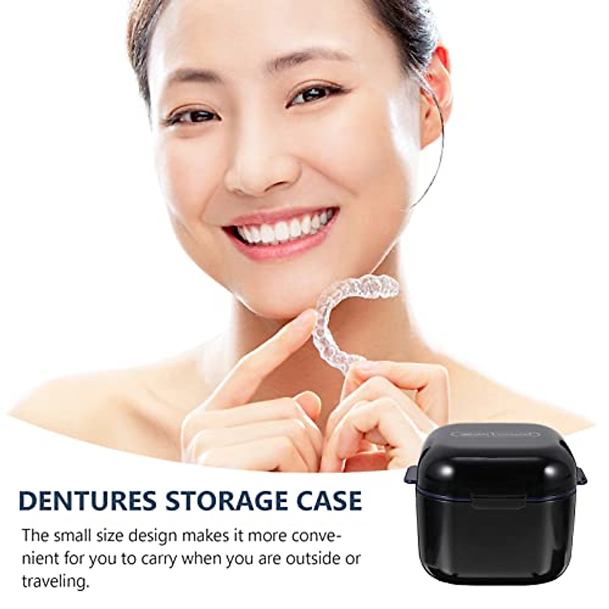 Yardwe Denture Bath Case Cup Box Portable False Teeth Holder Storage Soak Container Orthodontic Retainer Case with Strainer Basket for Travel Cleaning Black