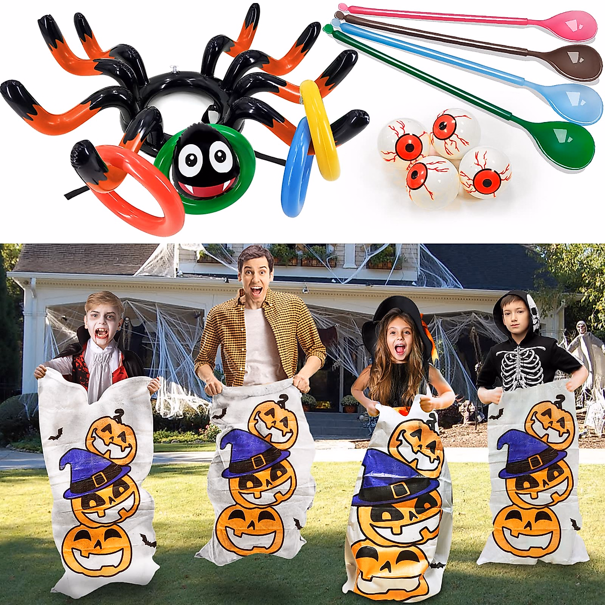17 Pcs Halloween Party Games, 4 Potato Sack Race Bags, Inflatable Spider Ring Toss Game, 4 Eyeballs and Spoon Race Game for Kids Family Adults 4 Players Halloween Party Favor Decor Outdoor Indoor Yard