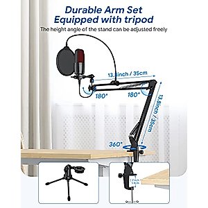 TECURS USB Microphone Condenser, PC Microphone Kit for Computer, Streaming Mic with Adjustable Boom Arm, Gaming,Microphone for Podcast, Twitch, YouTube, PS4, PS5